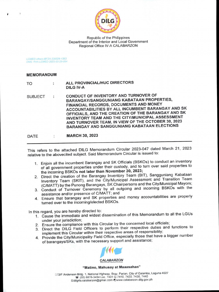 DILG MC 2023 047 Inventory and Turn Over (1) | PDF