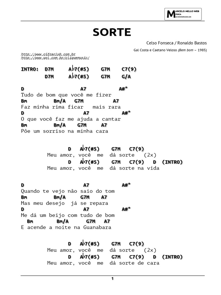Sorte (Celso Fonseca, Ronaldo Bastos - Gal Costa, Caetano Veloso) D - Letra e Cifra | PDF