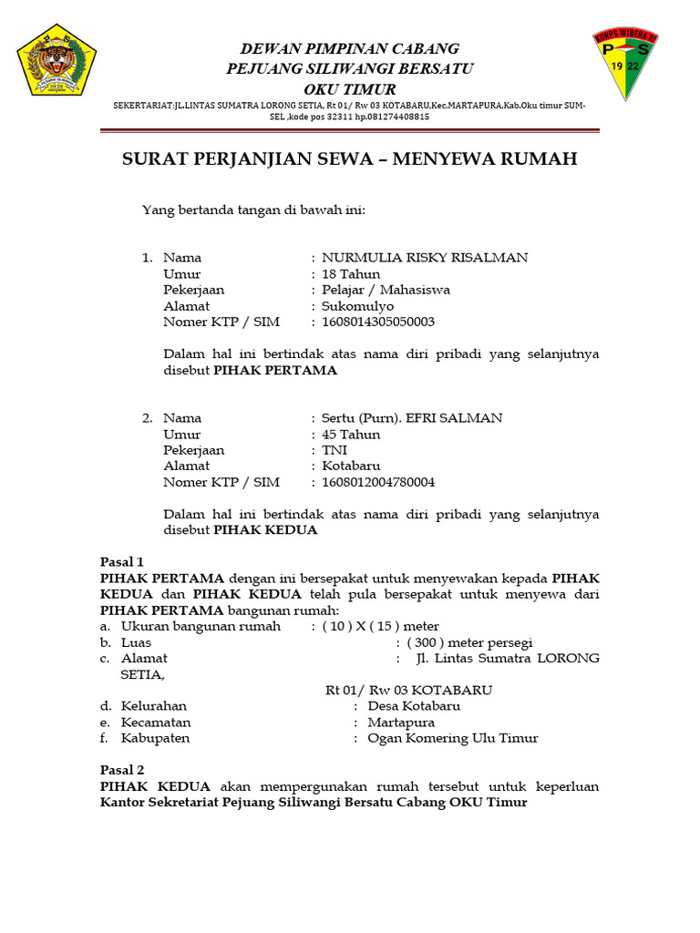 Contoh Surat Perjanjian Sewa Menyewa Rumah2 Fh Uii A Pdf