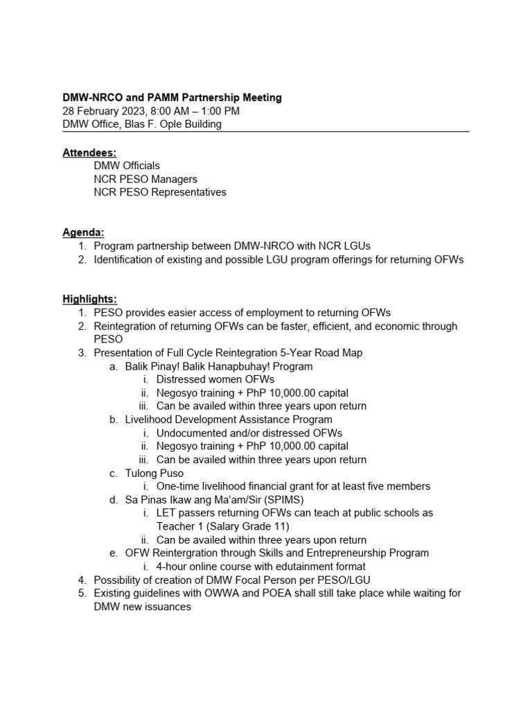 DMW NCRO PAMM Partnership | PDF | Economies