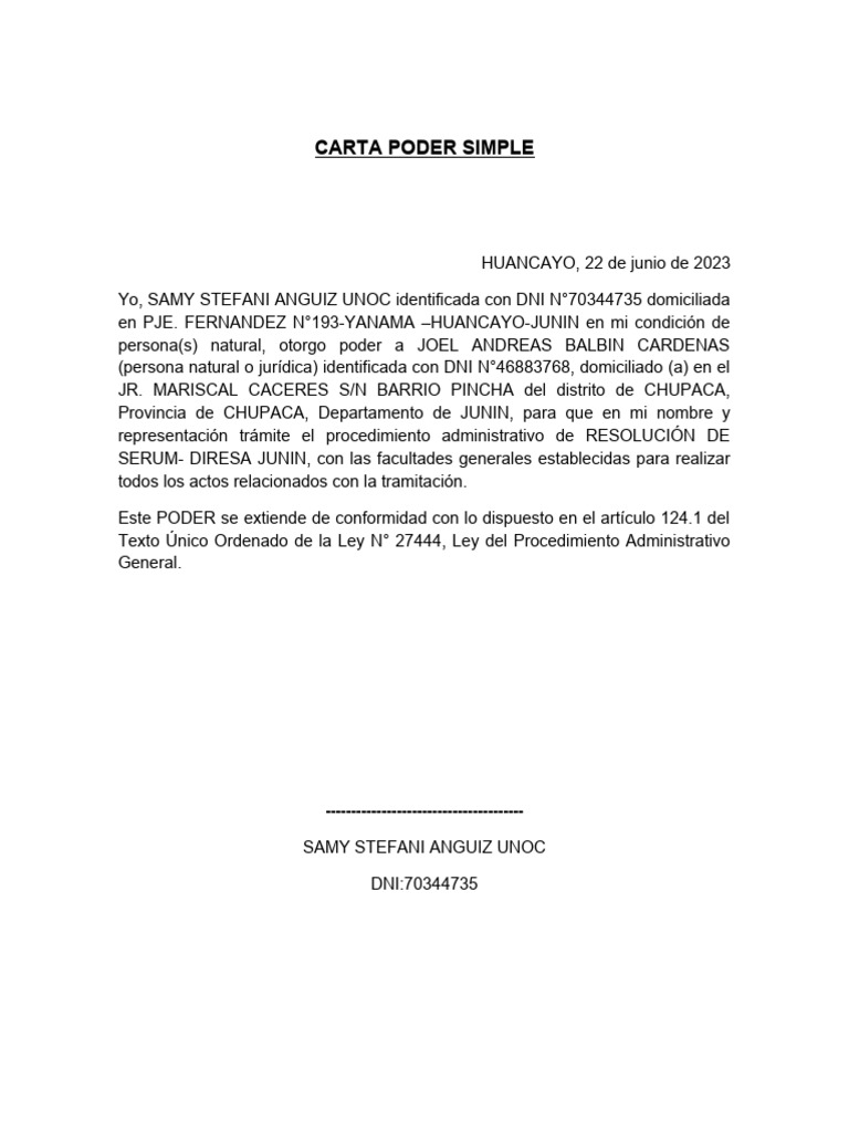 Carta Poder Simple Samy | PDF