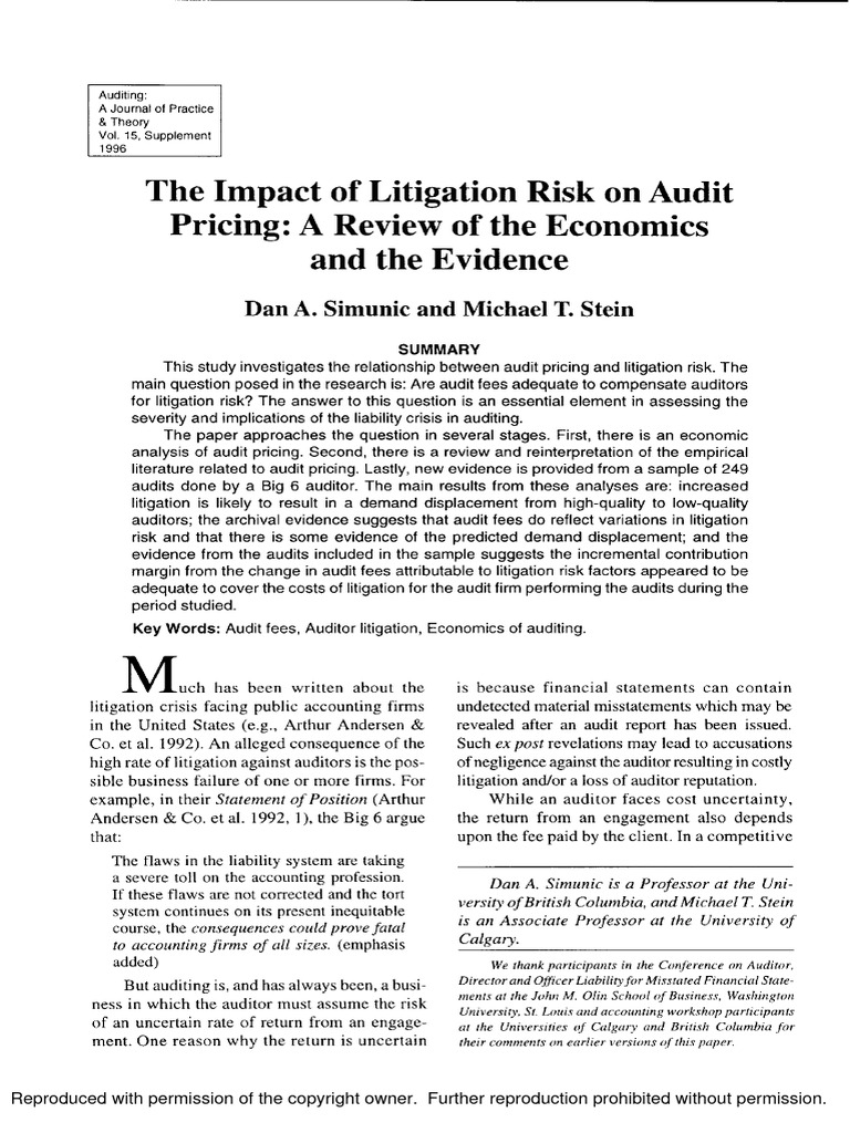 Impact of Litigation Risk On Audit Pricing A Review of The Economics ...