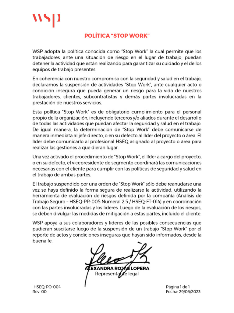 HSEQ-PO-004 Rev. 00 Politica Stop Work | PDF