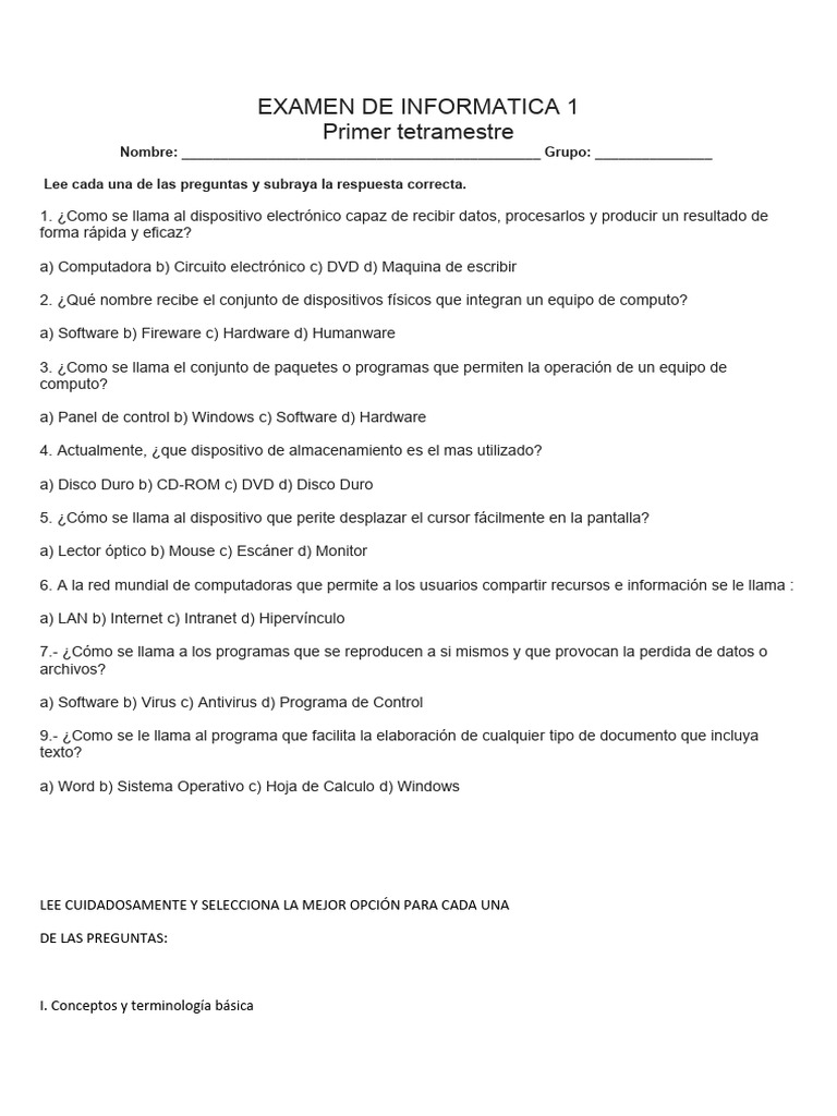 Examen Informatica 1 | PDF | Hardware de la computadora | Archivo de computadora