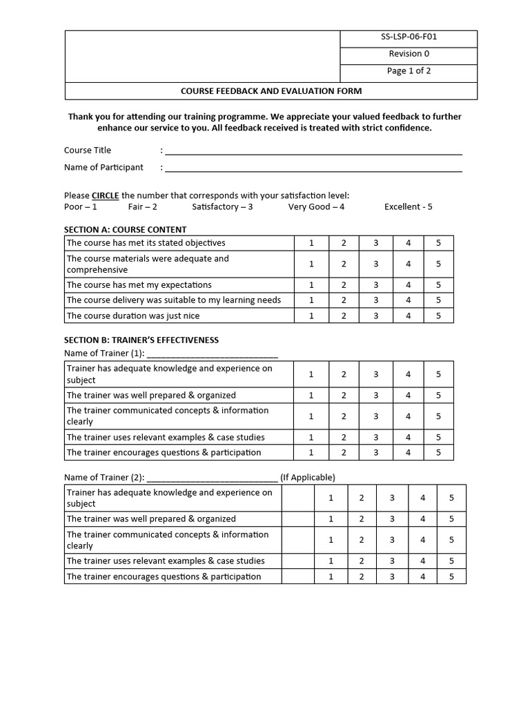 Course Feedback Evaluation Form | PDF | Experience | Evaluation