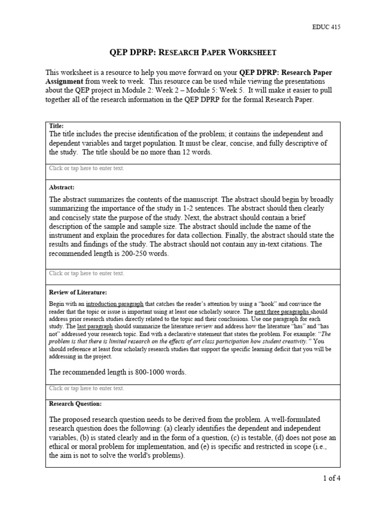 QEP DPRP Research Paper Worksheet | PDF | Cognition | Science