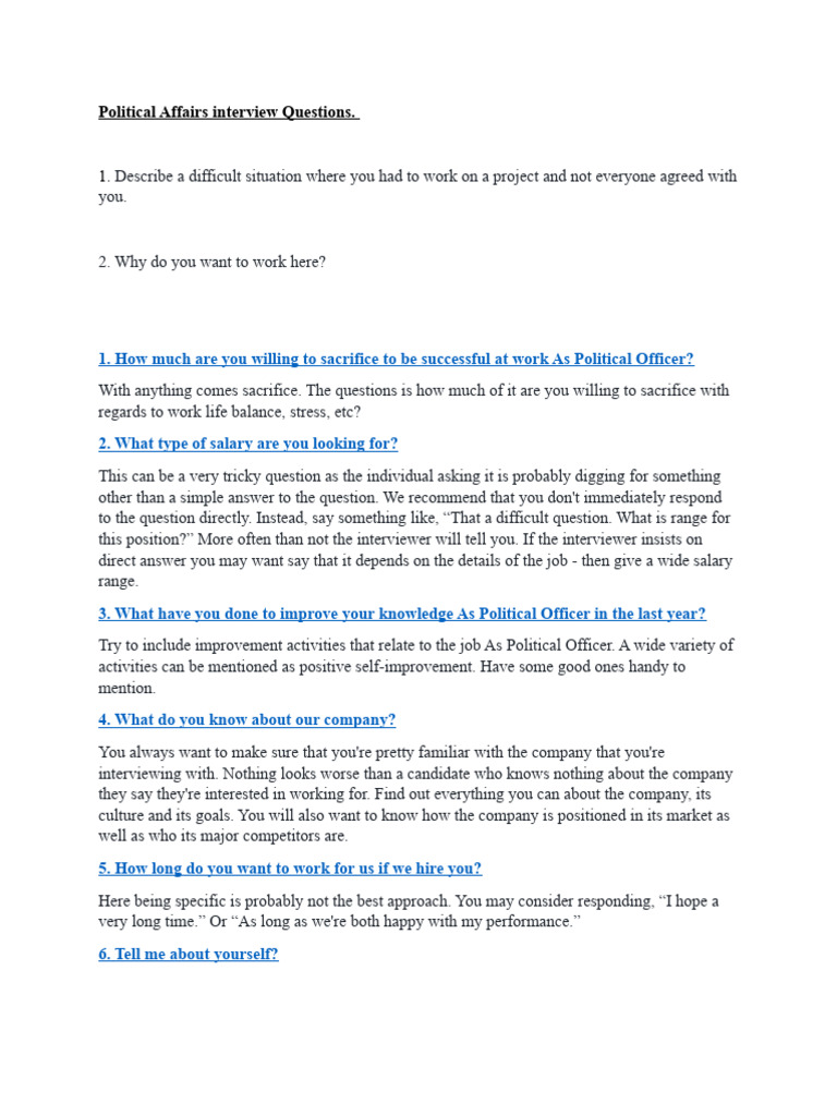 Political Affairs Interview Quetions | PDF | Communication | Experience