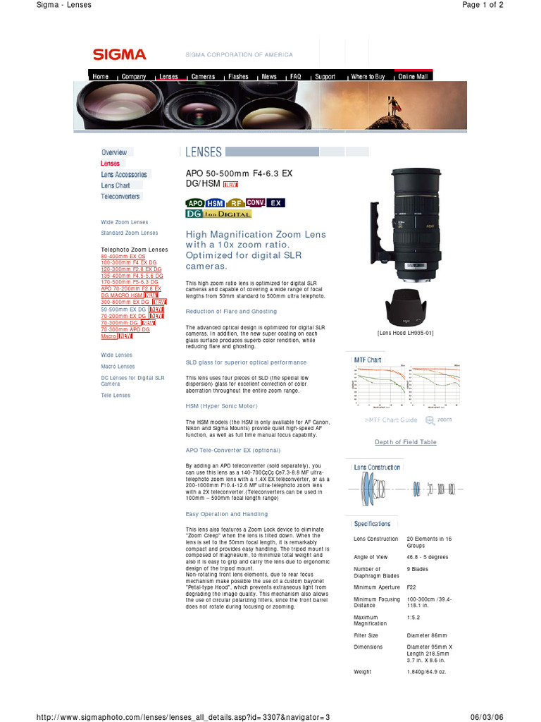 Sigma 50 - 500 | PDF | Camera Lens | Zoom Lens