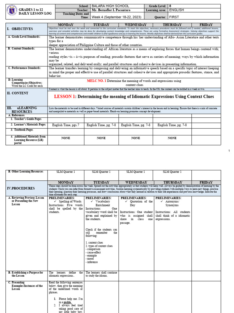 DLL 1st Quarter wk4 Grade8-September-18-22-2023 | PDF | Idiom | Learning