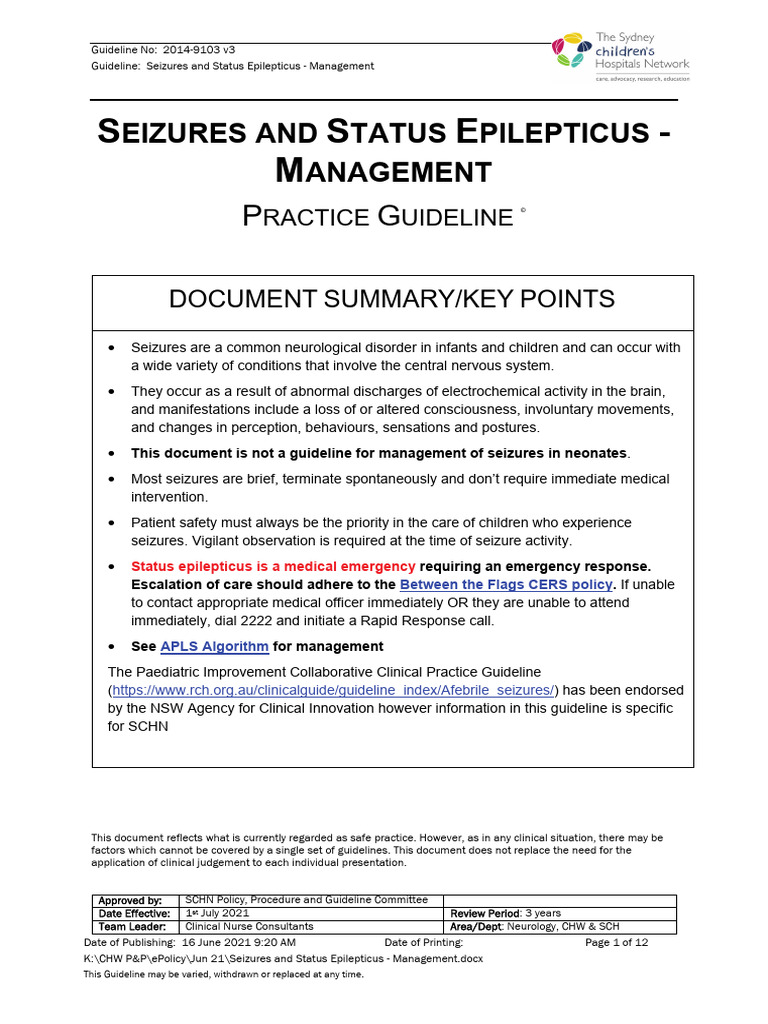 Seizures and Status Epilepticus - Management Practice Guideline © | PDF ...