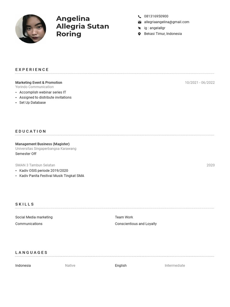 Angelina Allegria Sutan Roring - CV | PDF