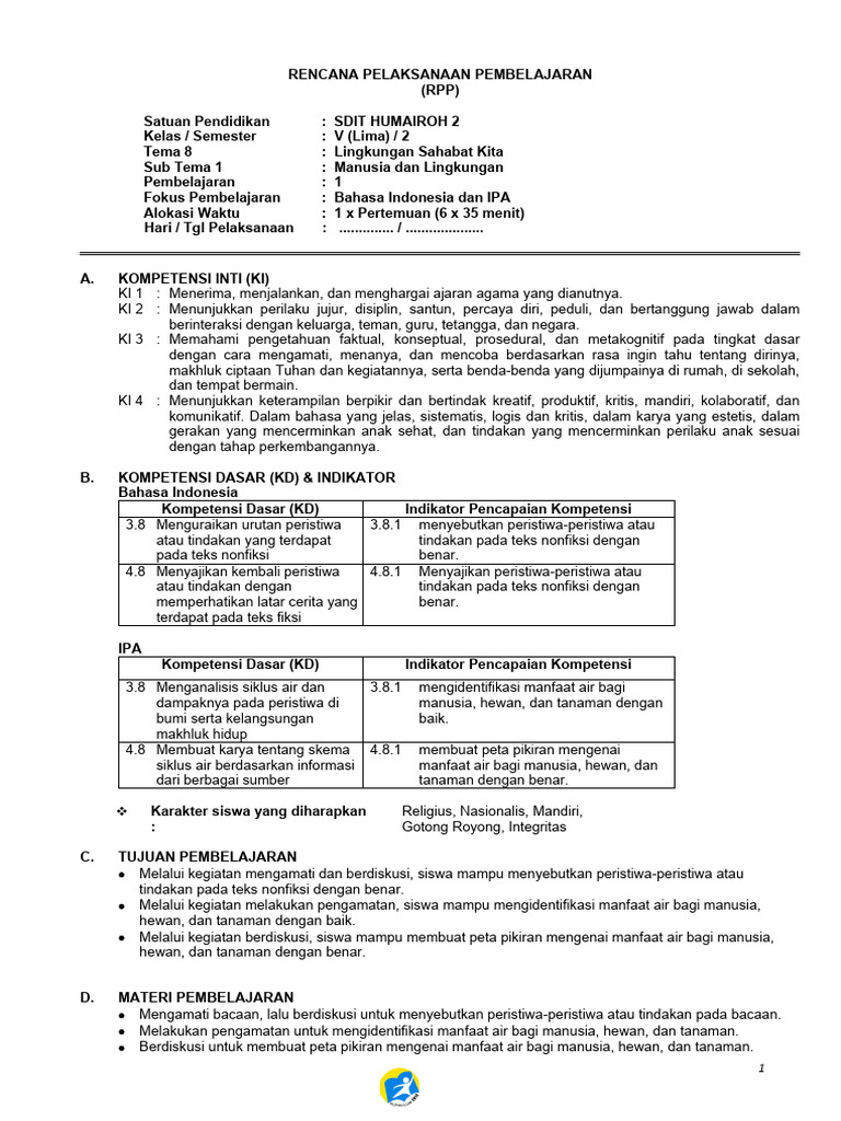 RPP Kelas 5 Tema 8 - Lingkungan Sahabat Kita | PDF | Sains & Matematika