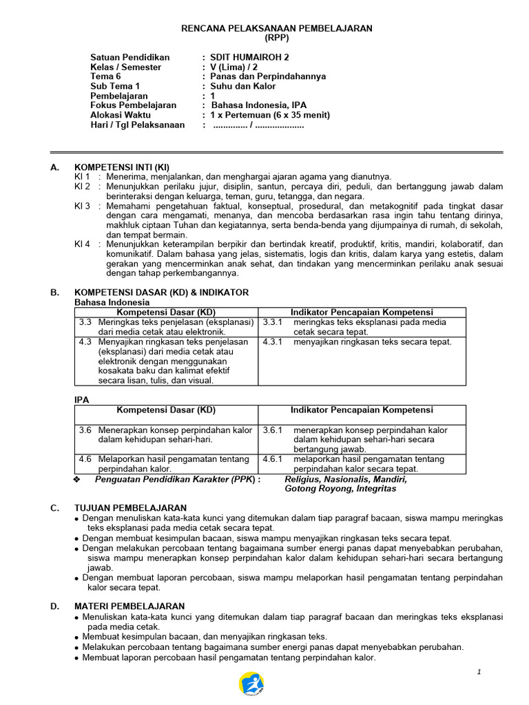 RPP Kelas 5 Tema 6 - Panas Dan Perpindahannya | PDF