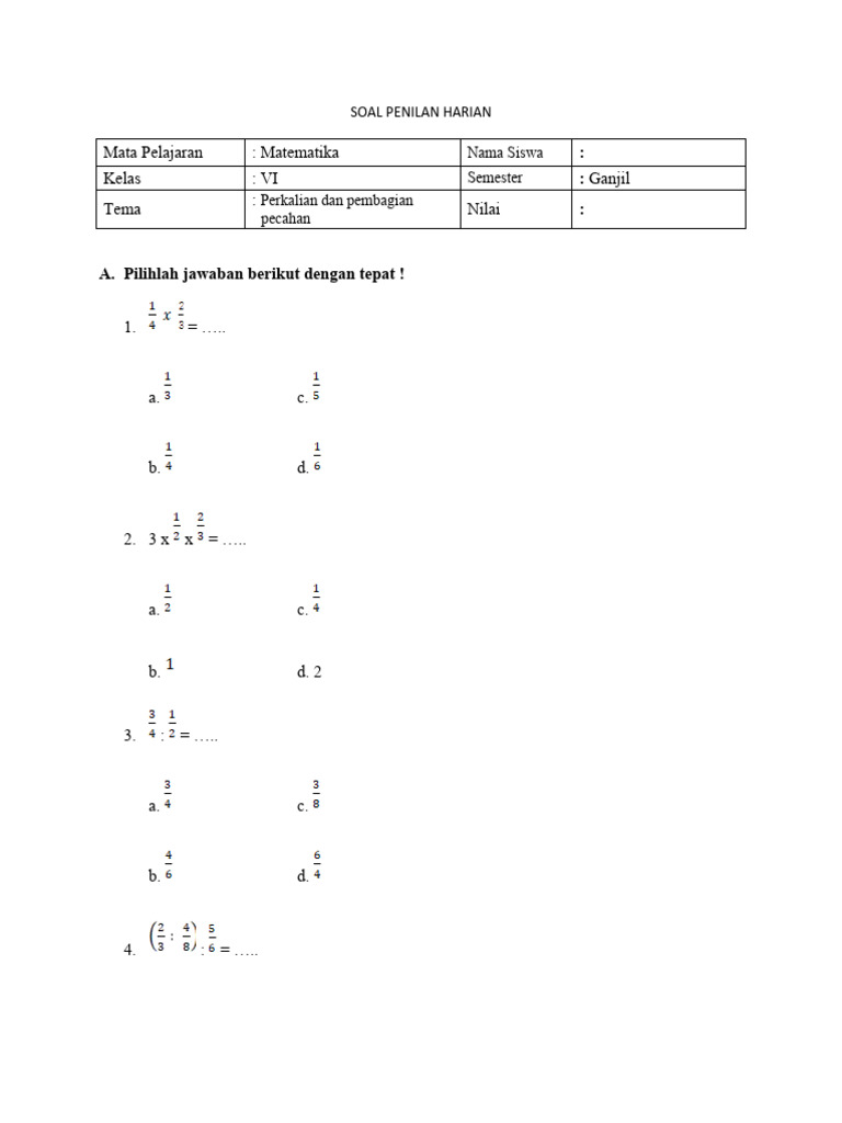 Soal PH 2 MTK K5 K13 Perkalian Dan Pembagian Pecahan | PDF
