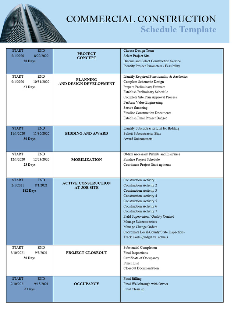 Commercial Construction: Schedule Template | PDF | Engineering