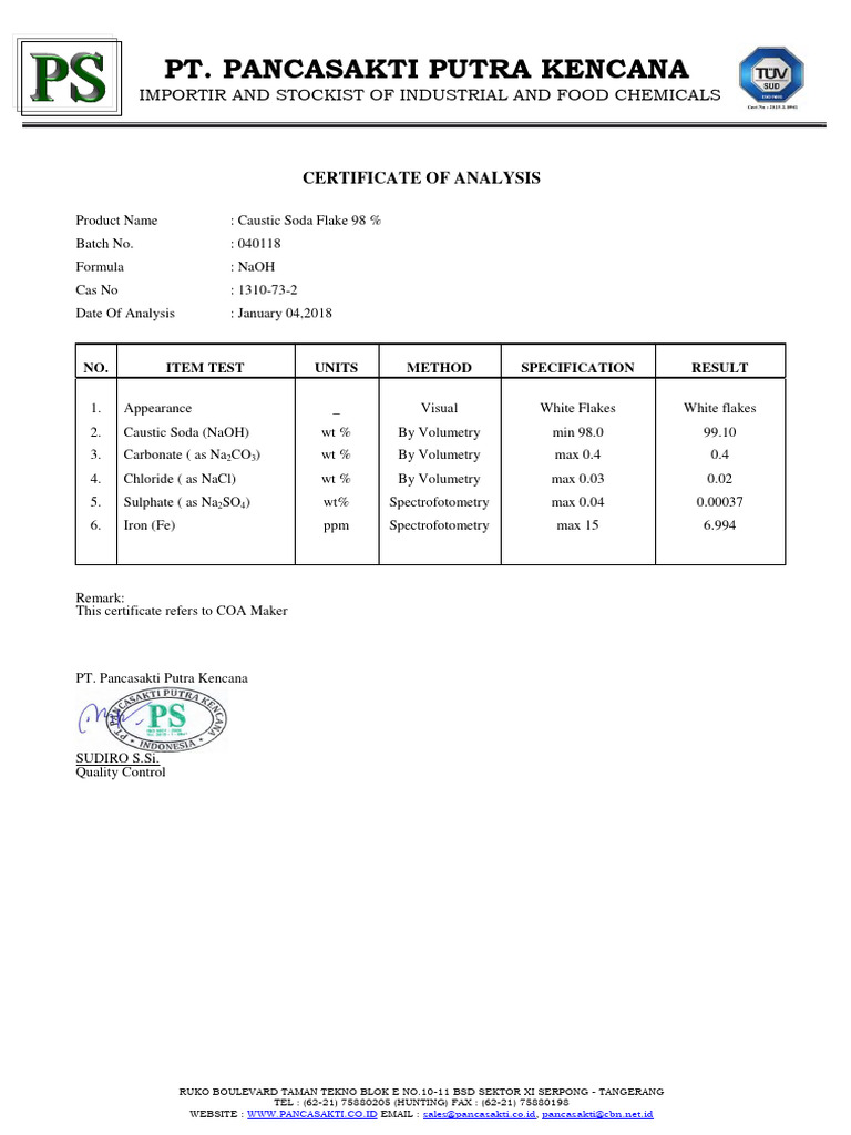 Caustic Soda Flake 98% COA | PDF