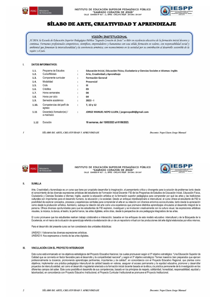 Silabo de Arte Creatividad y Aprendizaje 2023 - I | PDF