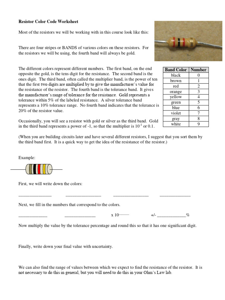 Resistor Color Code Worksheet | PDF | Resistor | Engineering Tolerance Resistor Color Code Worksheet | PDF | Resistor | Engineering Tolerance