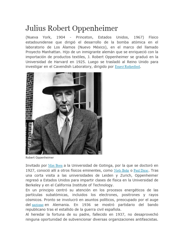 Biografía de J. Robert Oppenheimer | PDF | Proyecto Manhattan | Física ...