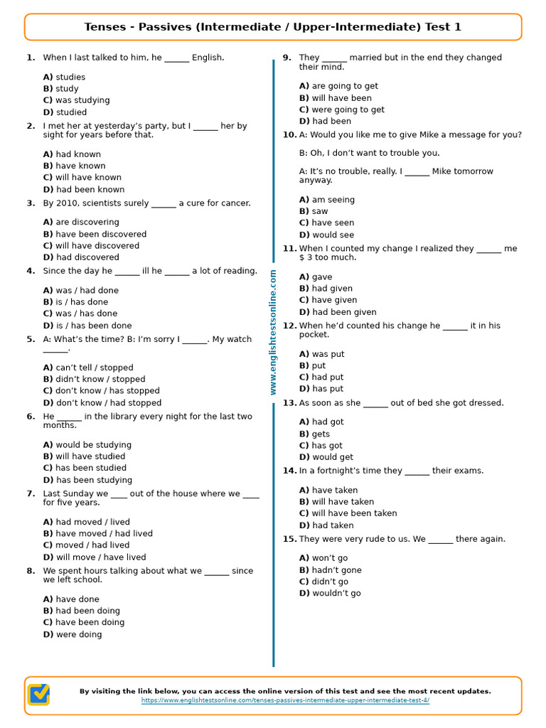 1272 - Tenses Passives Intermediate Upper Intermediate Test 1 | PDF