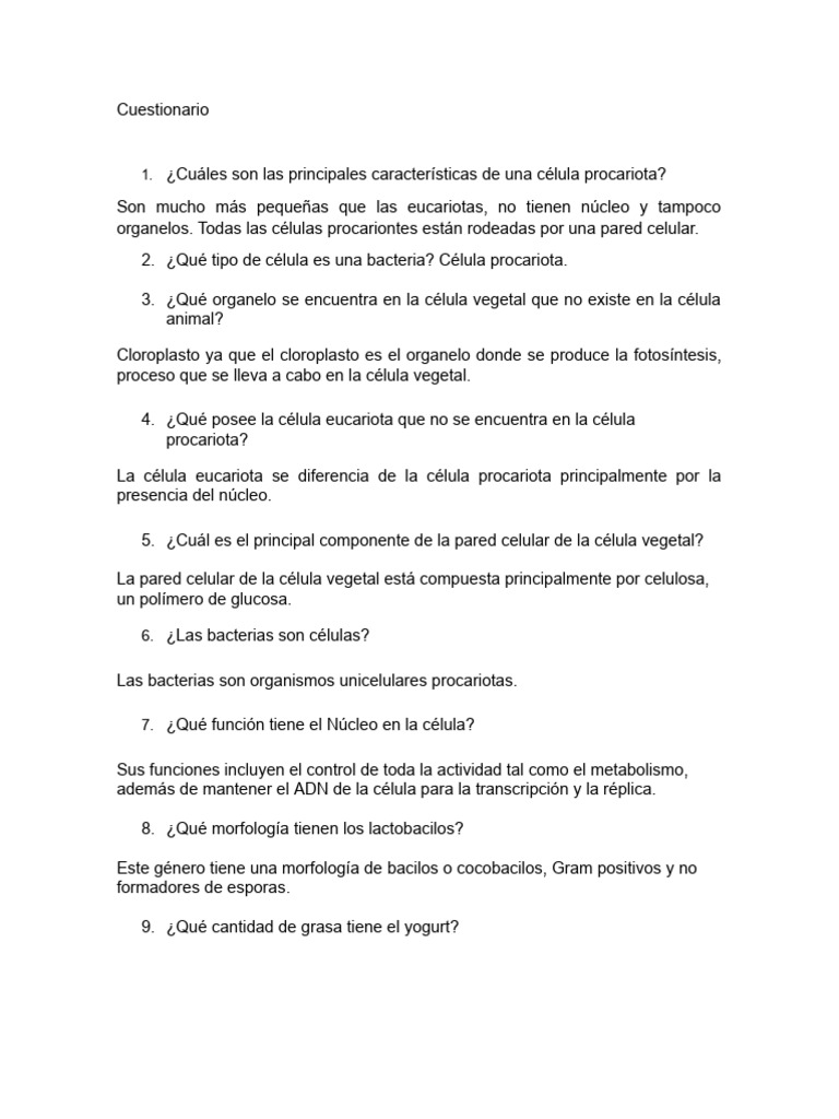 Cuestionario Biología | PDF | Biología Celular) | Procariota