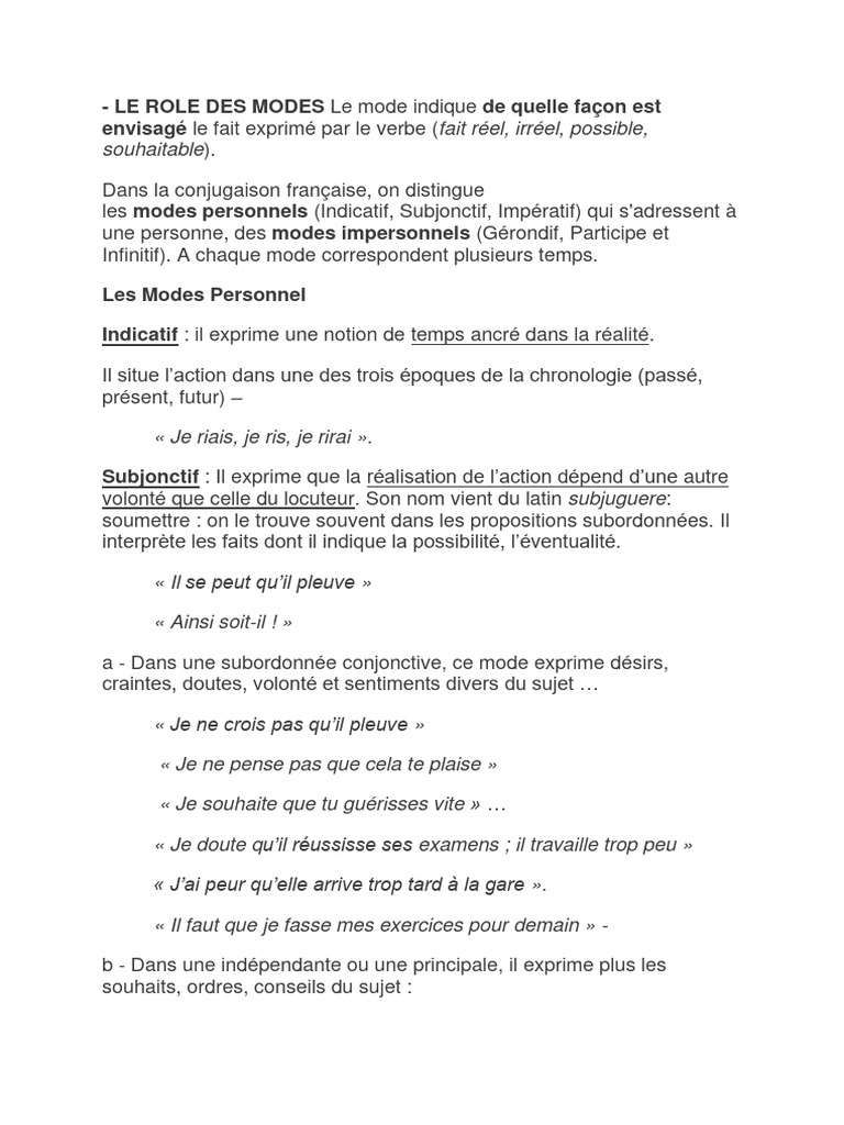 1 - Les Modes | PDF | Temps (grammaire) | Morphologie