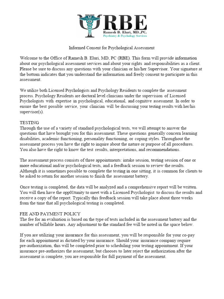 Informed Consent For Psychological Assessment | PDF | Psychology ...