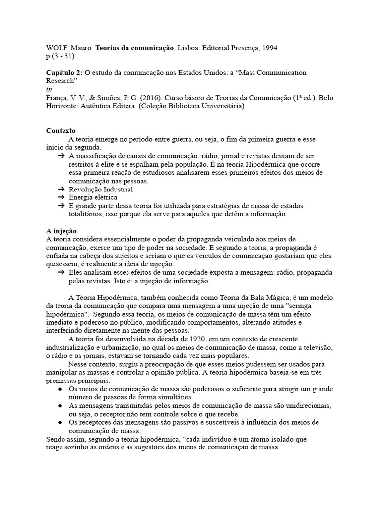Teoria Hipodérmica Ou Da Bala Mágica - Manipulação | PDF | Comunicação ...