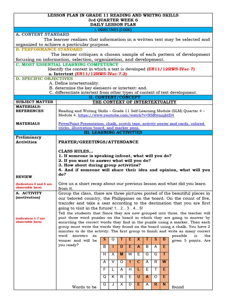 LESSON PLAN IN GRADE 11 RWS Intertext For Cot | PDF | Intertextuality | Cognition