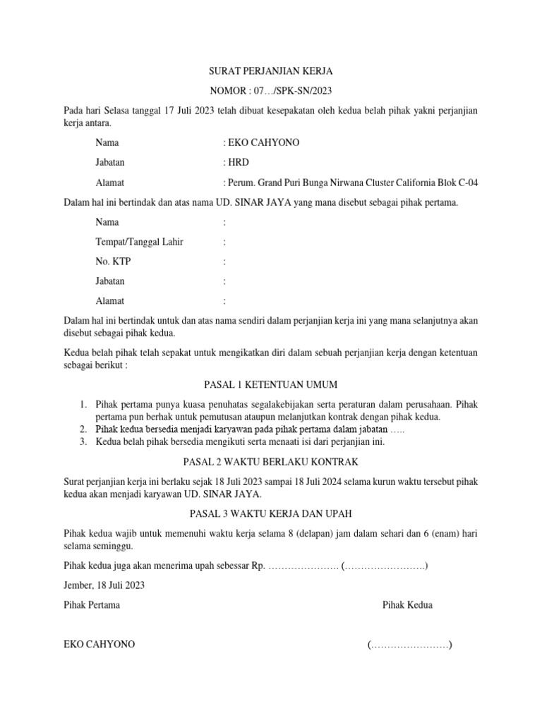 Surat Perjanjian Kerja Docx 1 Thn Pdf