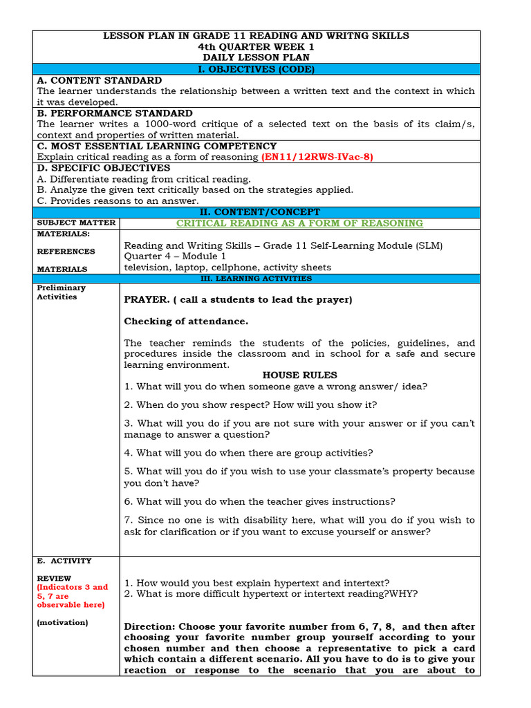 LESSON PLAN IN GRADE 11 Rws Q4W1 Critical | PDF | Critical Thinking ...