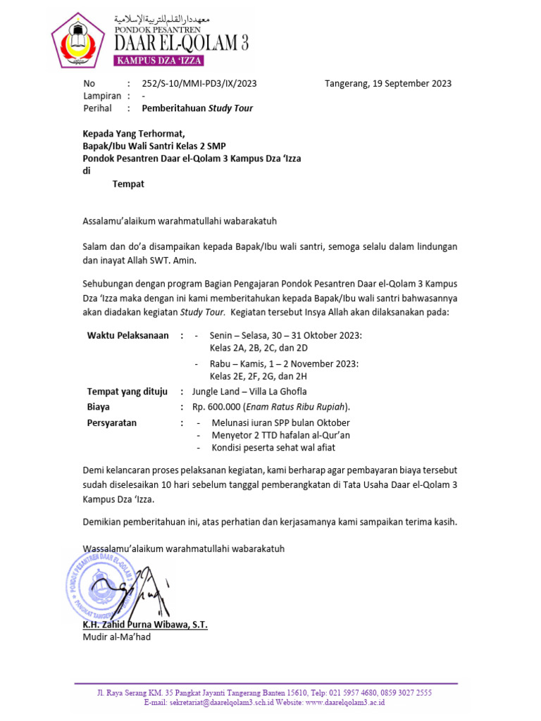 Surat Edaran Study Tour Kelas 2 SMP TA 23-24 | PDF
