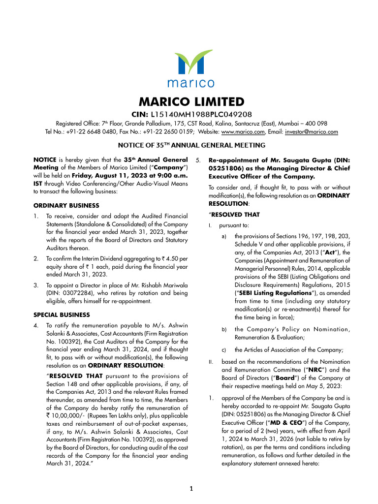 Notice of 35th AGM | PDF | Electronic Voting | Login