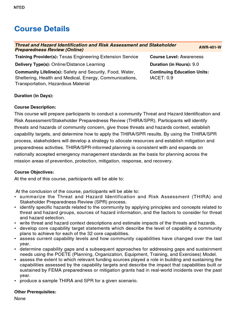 AWR-401-W Course Details | PDF | Emergency Management | Hazards