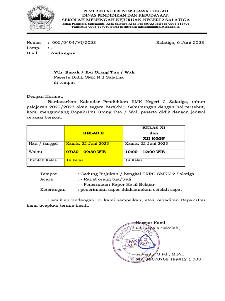 Undangan Ortu Penerimaan Rapor | PDF