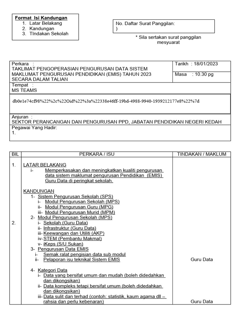 Minit Curai - Pengurusan Data Emis | PDF