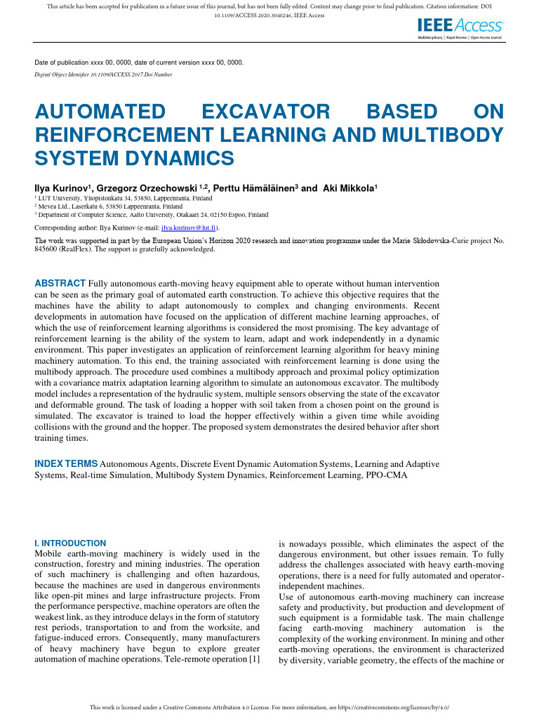 Automated Excavator Based On Reinforcement Learning and Multibody System Dynamics | PDF ...