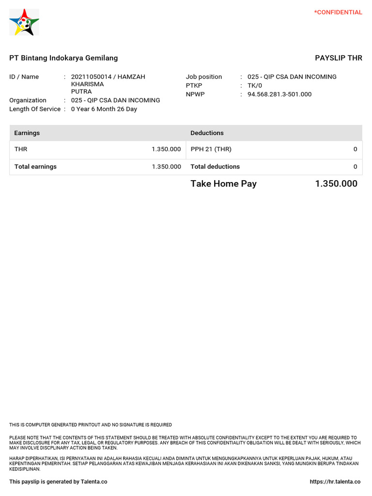 Take Home Pay 1.350.000: PT Bintang Indokarya Gemilang Payslip THR | PDF