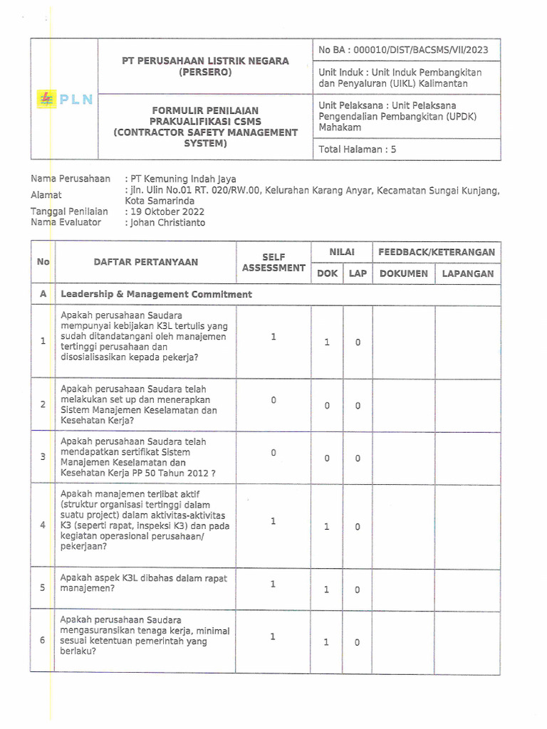 Form Penilaian CSMS | PDF