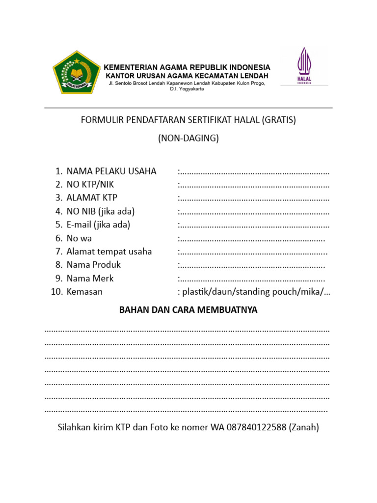 Formulir Pendaftaran Sertifikat Halal | PDF
