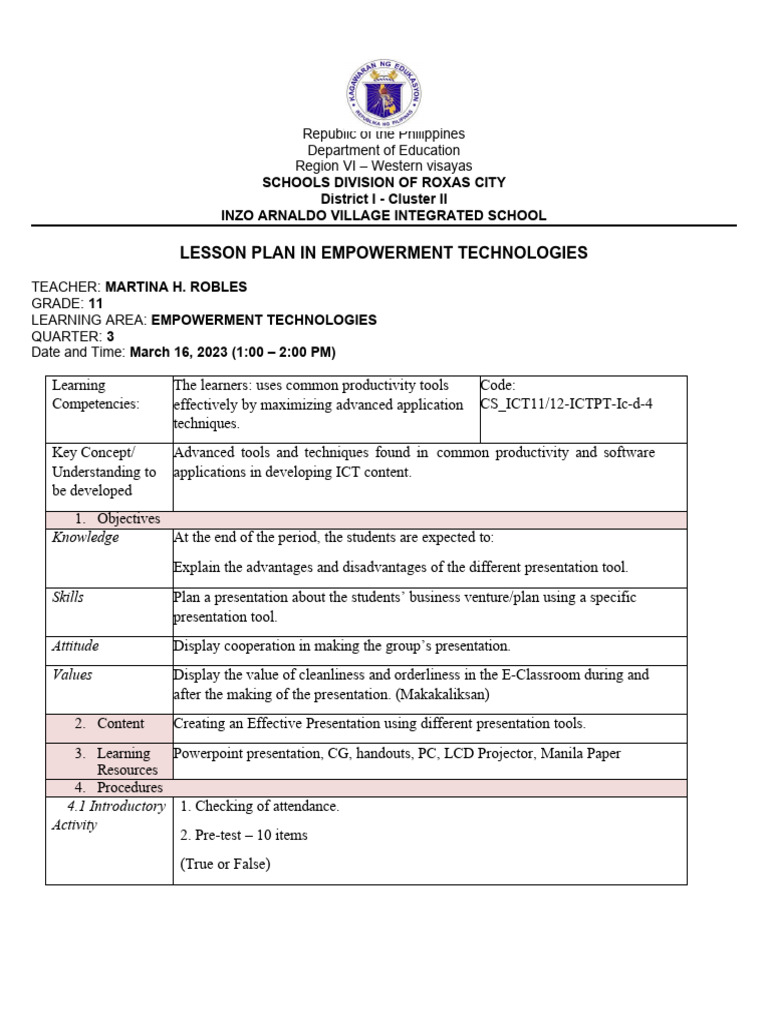Lesson Plan: Empowerment Technologies | PDF | Teachers | Learning