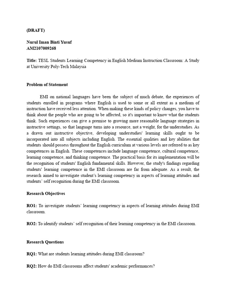 Fyp Proposal Draft (Title, Ro & RQ, Questionnaires) | PDF | English ...