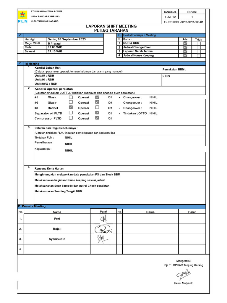 04-Sept-2023 - Shift Meeting Pagi | PDF