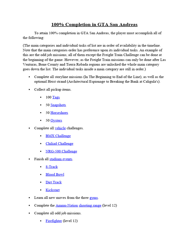 GTA San Andreas 100% Completion Guide | PDF