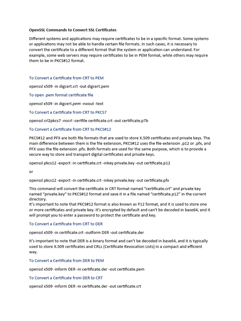 Openssl Commands To Convert Certificate Format | PDF | Public Key Certificate | Application ...