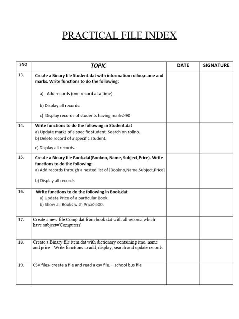 PRACTICAL FILE INDEX BinaryFile | PDF PRACTICAL FILE INDEX BinaryFile | PDF