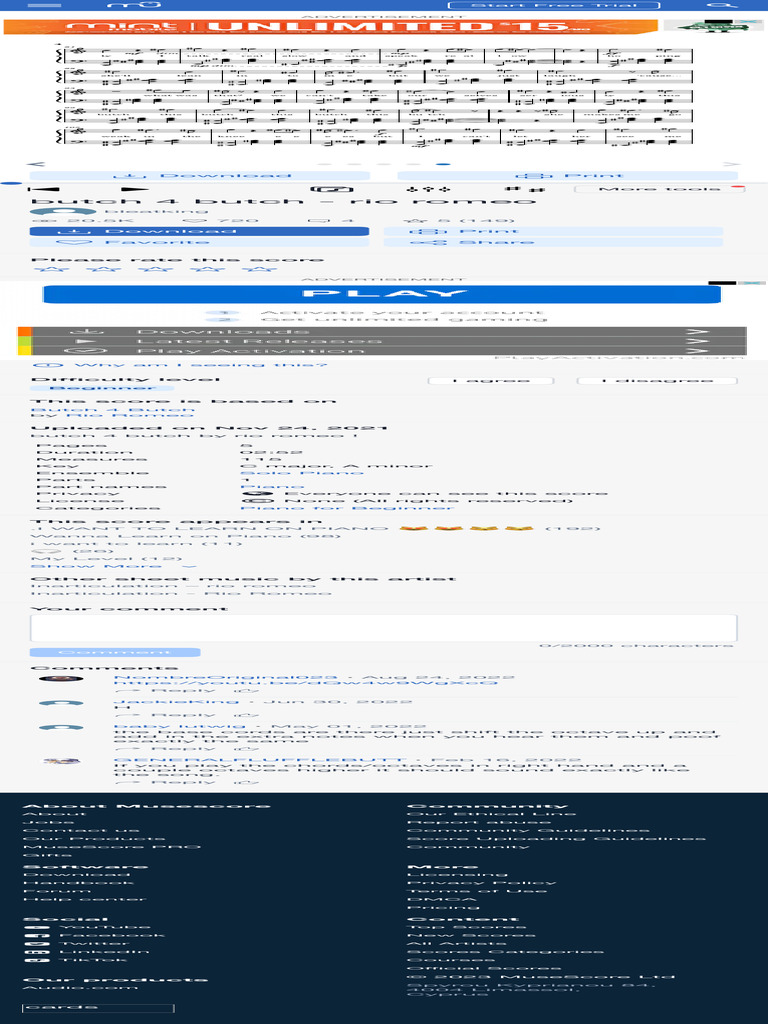 Butch 4 Butch - Rio Romeo Sheet Music For Piano (Solo) Musescore - Com 5 | PDF | Piano | Web 2.0