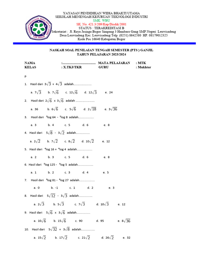 PTS Matematika Kelas 10 WBU | PDF