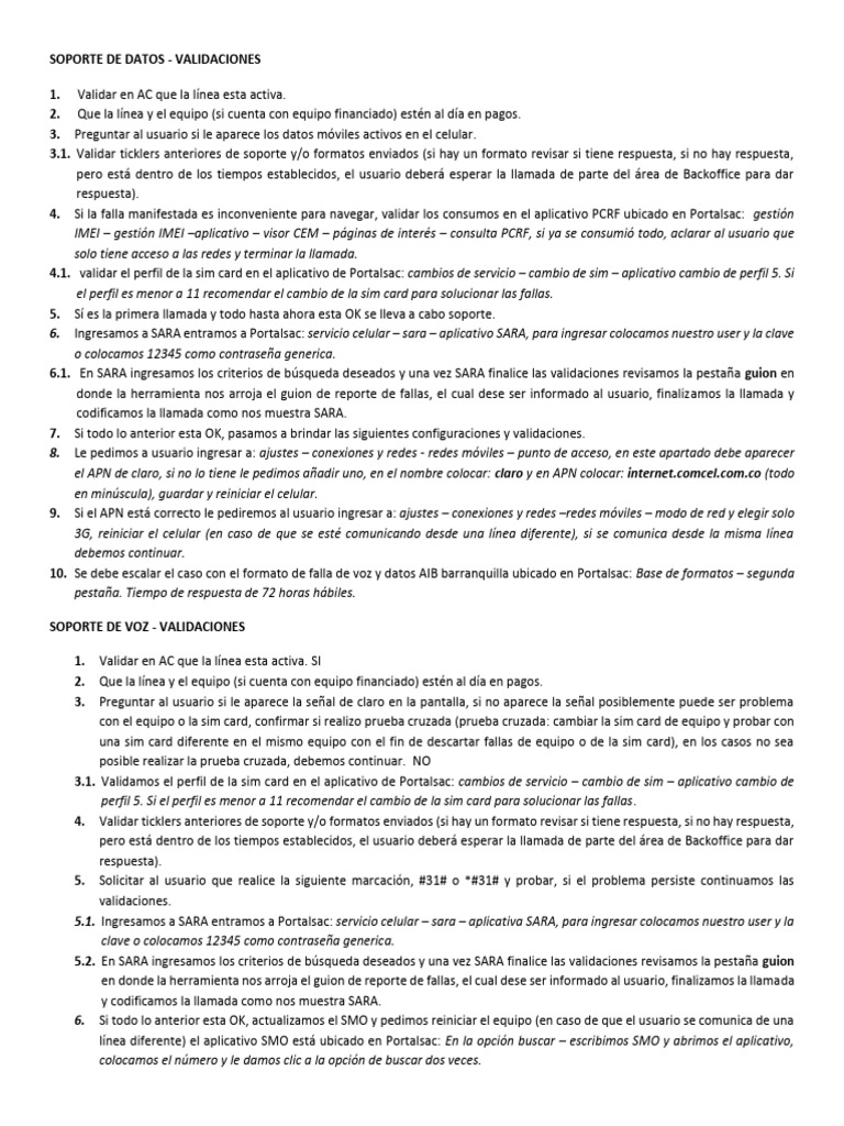 Validaciones de Soporte de Datos y Voz | PDF