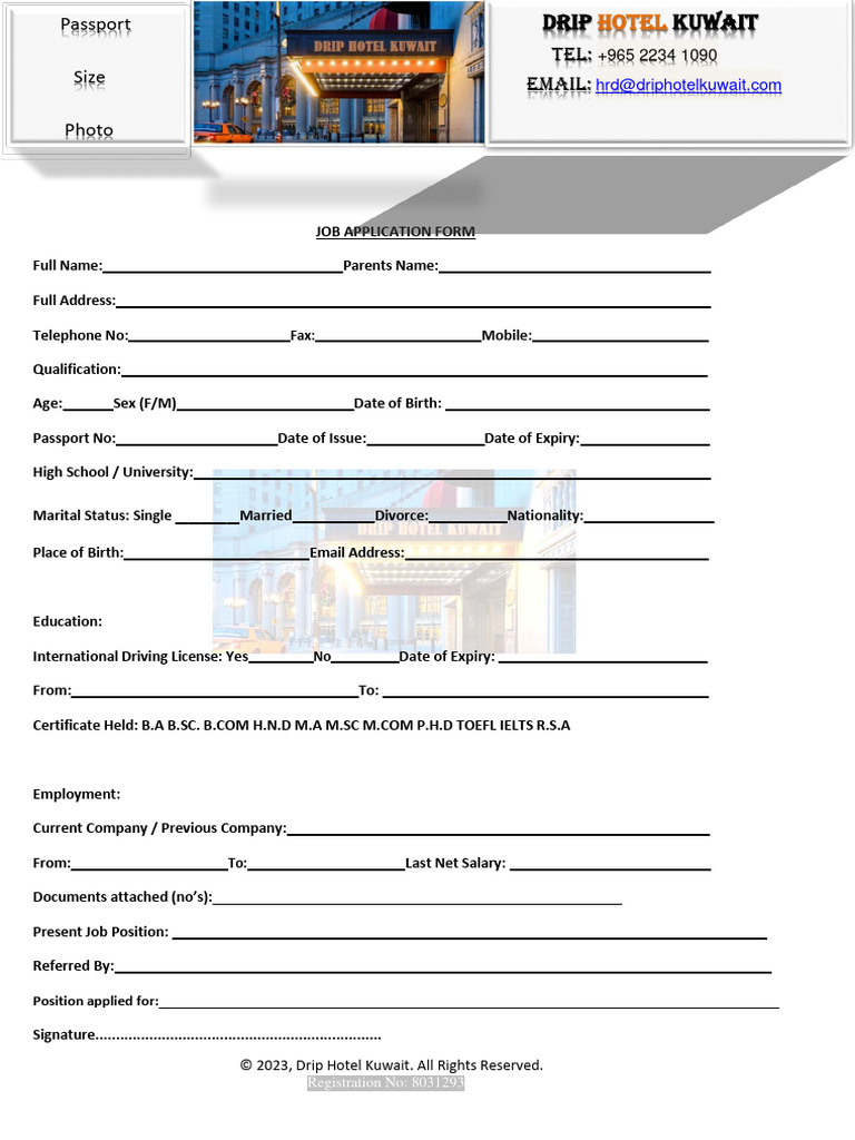Drip Hotel Kuwait Job Application Form | PDF